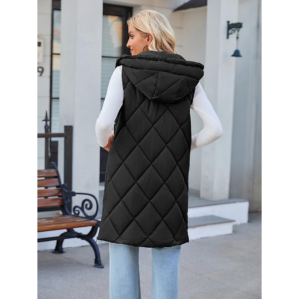MEROKEETY Womens Hooded Long Padded Vest Coats Quilted Sleeveless Warm Outerwear with Pockets, Black, XL