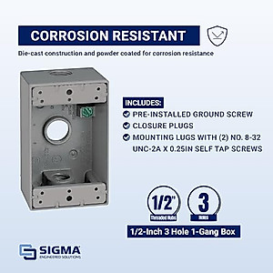 SIGMA ENGINEERED SOLUTIONS 14250 Metal Electrical Outlet Box, Weatherproof, Easy Mount Plug and Receptacle Protector, Gray, (3) 1/2-Inch Holes, 1 Gang Box