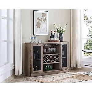 Home Source Bar Cabinet with Curved Wire Mesh Doors in Stone Grey Finish