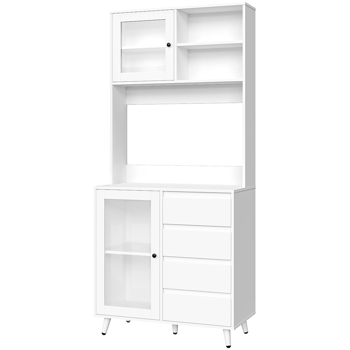FACBOTALL 71'' Tall Kitchen Pantry Storage Cabinet with Large Countertop, Kitchen Buffet Hutch Cabinet with 2 Adjustable Shelves & Tempered Glass Doors, 4 Handless Drawers for Home, White
