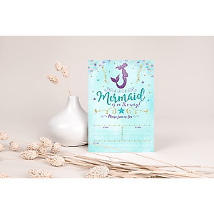 Your Main Event Prints Mermaid Baby Shower Invitation, Blue and Gold Mermaid Baby Shower, Baby Sprinkle Invite, 20 Fill in Invitations and Envelopes