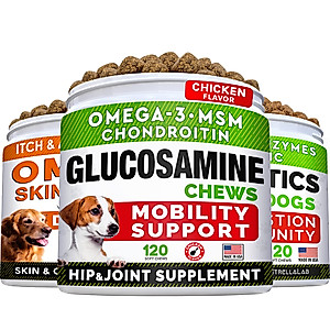 Fish Oil Omega 3 Treats + Glucosamine Treats + Dog Probiotics Treats for Picky Eaters Bundle - Skin & Coat Supplement + Hip & Joint Care + Digestion & Immunity Support