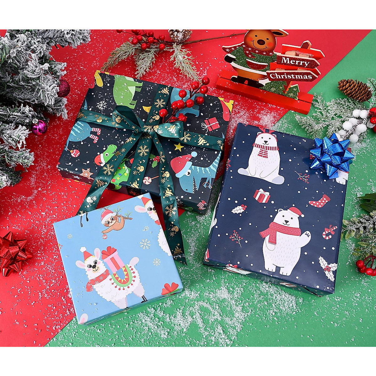 U'COVER Christmas Wrapping Paper for Kids Boys Girls 6 Large Sheet Gift Wrapping Paper for Women Men Christmas Dinosaur,Bear,Llama Sloth Xmas Holiday New Year Wrap Paper Folded Flat 27 * 37inch