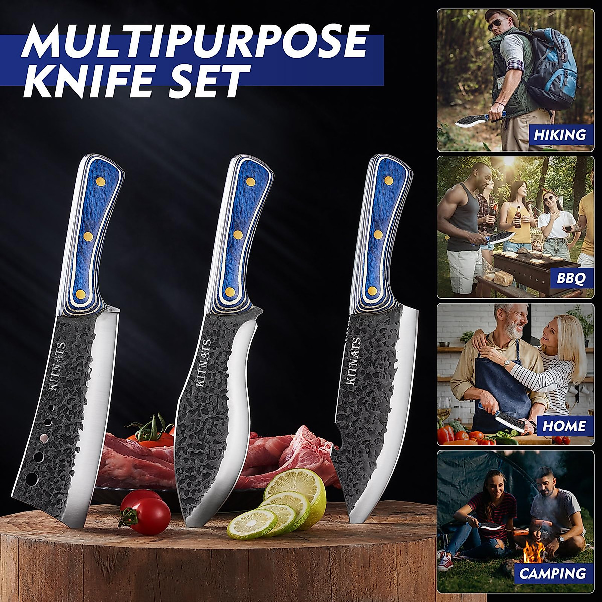 KITNATS 3Pcs Kitchen Knife Set, Hand Forged Butcher Knife Set - Chef Knife & Butcher Knife &Tactical Chopper Knife, Meat Cutting Cleaver Knife Set for Home Camping BBQ Ideal Gifts