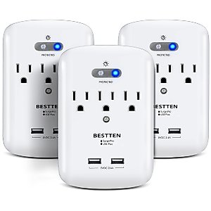 BESTTEN [3 Pack] USB Wall Outlet Surge Protector, 2.4A Dual USB Ports, 3 AC Outlets, 900 Joule Surge Suppression Rating, LED Night Light, ETL Listed