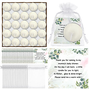 Qunclay 100 Sets Baby Shower Favors for Guests 100 Pcs Tea Light Candles for Guests Baby Shower Candles Tealight with 100 Thank Tags and 100 Return Gift Bags for Baby Gender Reveal Party (Plant)