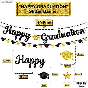 Glitter, Happy Graduation Banner - 10 Feet Cap Garland, No DIY | Graduation Banner Black, Gold for Graduation Party Decorations 2023 | Black and Gold Graduation Decorations, Class of 2023 Decorations