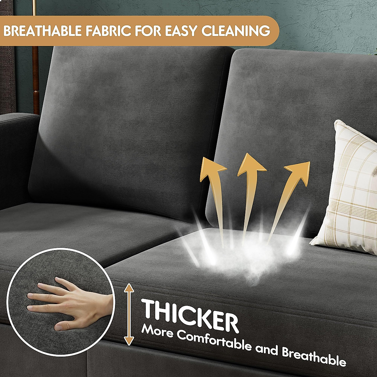 VICTONE Convertible Sectional Sofa Couch, 3 Seat L-Shaped Sofa with Linen Fabric Ottoman Small Couch for Small Apartments, Living Room and Office (Dark Gray)