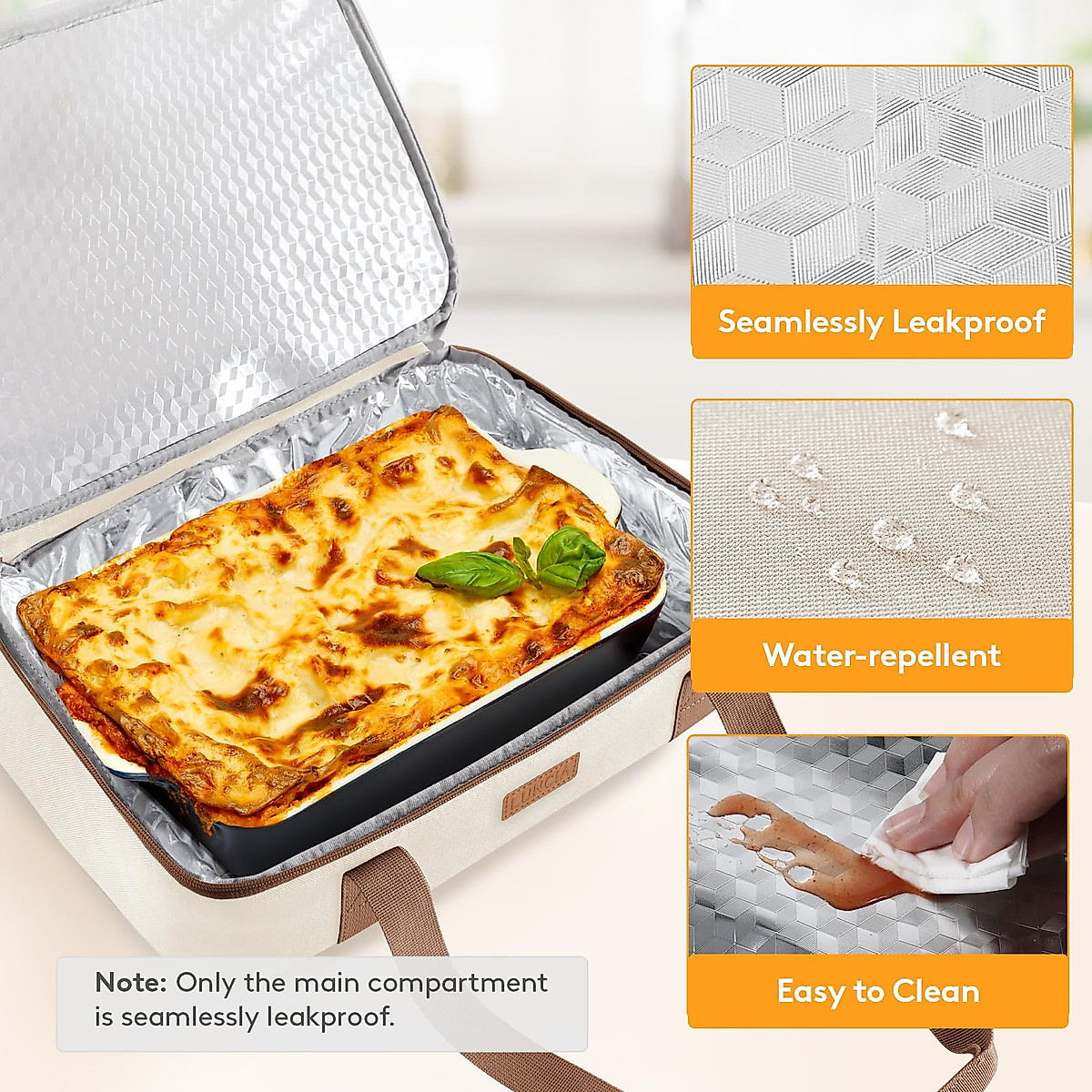LUNCIA Insulated Casserole Carrier for Hot or Cold Food, Lasagna Lugger Tote for Potluck Parties/Picnic/Cookouts, Fits 9"×13" Baking Dish, Cream