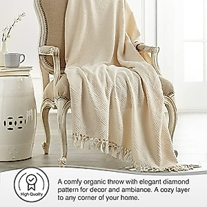 Whisper Organics 100% Organic Cotton Light Blanket - Throw Blanket with Diamond Jacquard Pattern - Breathable Blanket Throw - GOTS Certified Summer Blankets (Natural, 60x80)