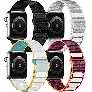 4 Pack Nylon Sport Band Compatible with Apple Watch Band 38mm 40mm 41mm Women Men, Adjustable Stretchy Solo Loop Strap for iWatch Series Ultra/SE/9/8/7/6/5/4/3/2/1, Black/White/Plum/Sunshine