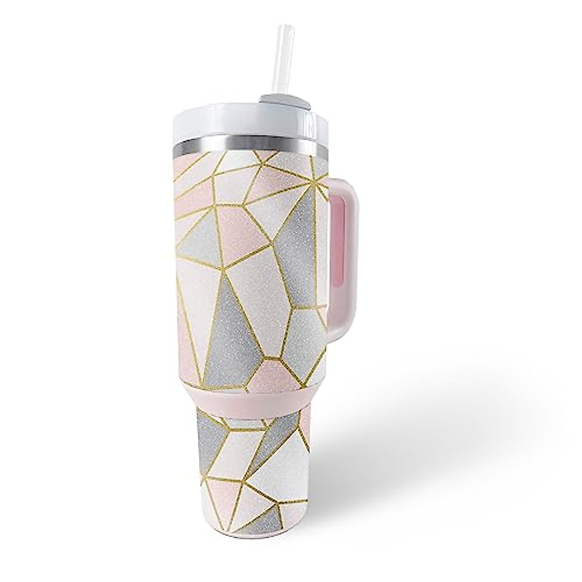 MightySkins Glossy Glitter Skin Compatible with Stanley The Quencher H2.0 FlowState 40 Oz Tumbler - Rose Gold Polygon | Protective, Durable High-Gloss Glitter Finish | Easy to Apply
