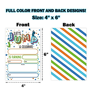 Jump Trampoline Party Birthday Invitations, Bounce House Party Invitations for Boys Girls Kids, Jumping Party Invitations, Jump Party Invites (20 Sets 4" x 6" Cards with Envelopes) - JY552