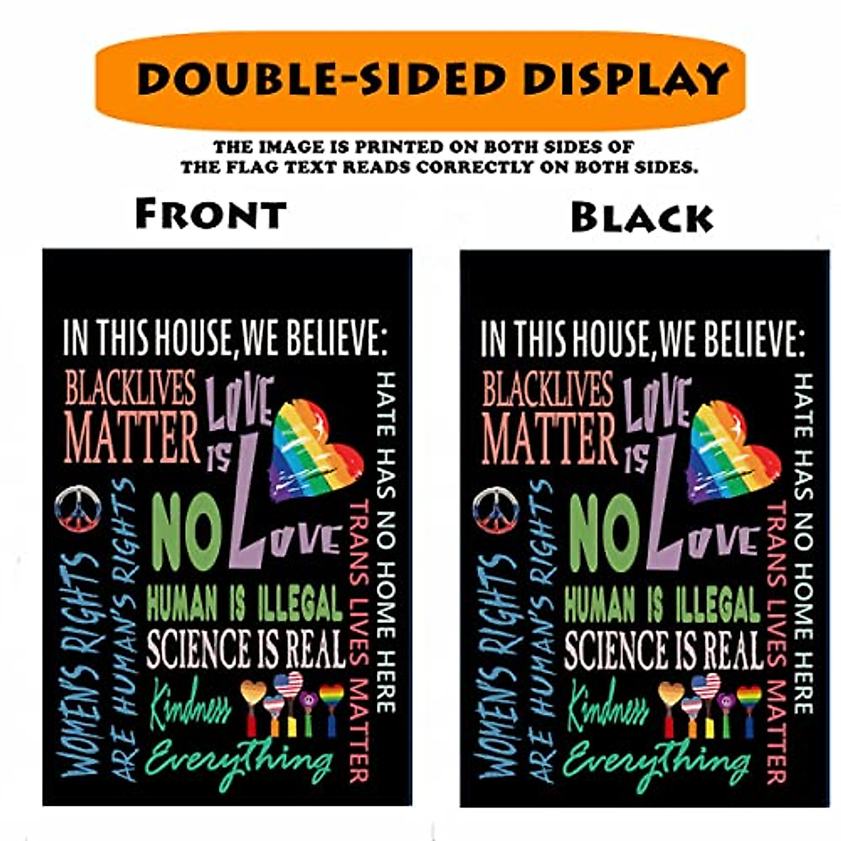 BUYITO In This House, We Believe Human-Kind Be Both Equality Garden Flag Love Is Love Black Lives Matter Garden Banner Vertical Double Sided Rustic Farmland Burlap Yard Lawn Outdoor Decor 12x18"