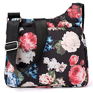 STUOYE Nylon Multi-Pocket Crossbody Purse Bags for Women Travel Shoulder Bag (Night Rose)