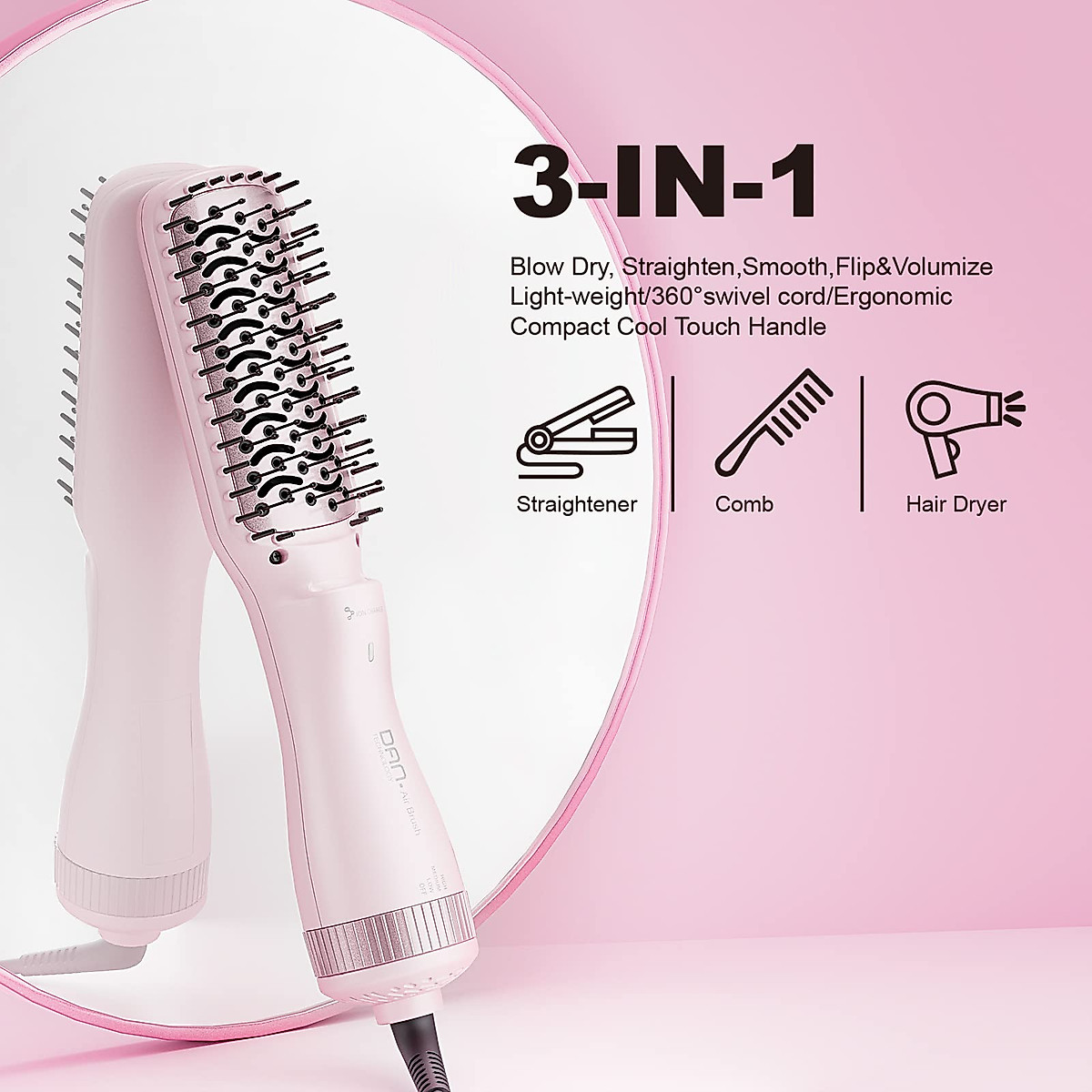 DAN Technology Hair Dryer, Negative Ion 3 in 1 Paddle Brush Dryer & Styler, Pink, 600W, for Damaged Hair, with 2 Speeds, 3 Heating Settings, Nylon Material, ALCI Safety Plug, [IN] Hair Care or Beauty