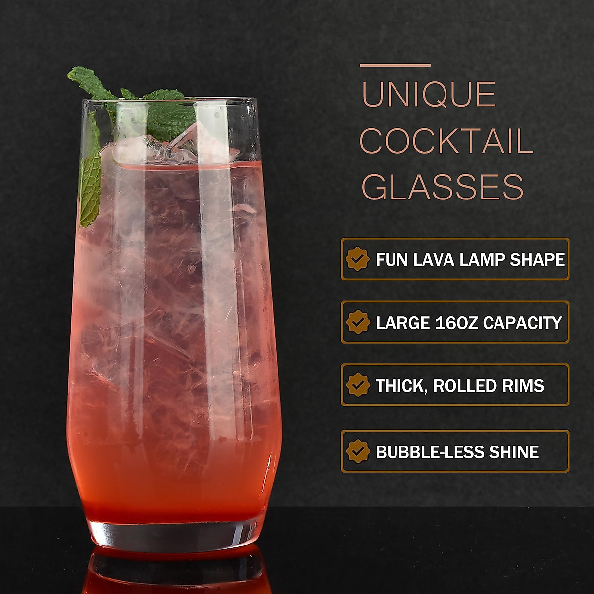 ALINK Drinking Glasses with Glass Straws Set of 6, 18 oz Tall Highball Glass Cups, Lead-Free Crystal Water Glasses, Iced Coffee Tea Cocktail Mojito Glass Cups, Tom Collins Bar Glassware