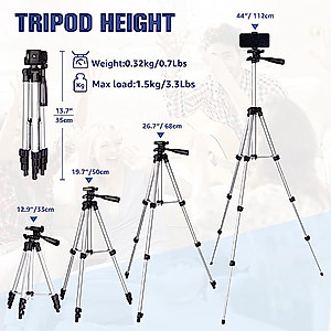 Phone Tripod, Lusweimi 44-inch iPhone Tripod with Phone Holder Mount/Wireless Remote for Cell Phone/Camera/Webcam/GoPro, Tabletop Lightweight Tripod for iOS/Android/Smartphone