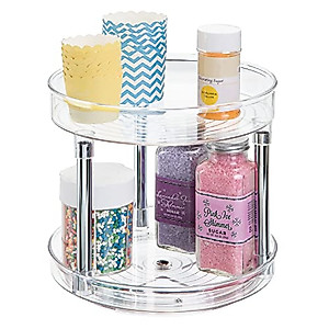mDesign 2 Tier Lazy Susan Turntable Food Storage Container for Cabinets, Pantry, Fridge, Countertops - Raised Edge, Spinning Organizer for Spices, Condiments - 9" Round - Clear/Chrome