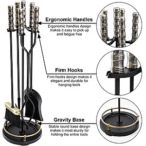 AMAGABELI GARDEN & HOME 30in Fireplace Tools Set Brass Handle 5Pieces Wrought Iron Indoor Fireset Stand Wood Log Holder Hearth Accessories Kit Antique Fire Tongs Shovel Brush Chimney Poker Tool Set