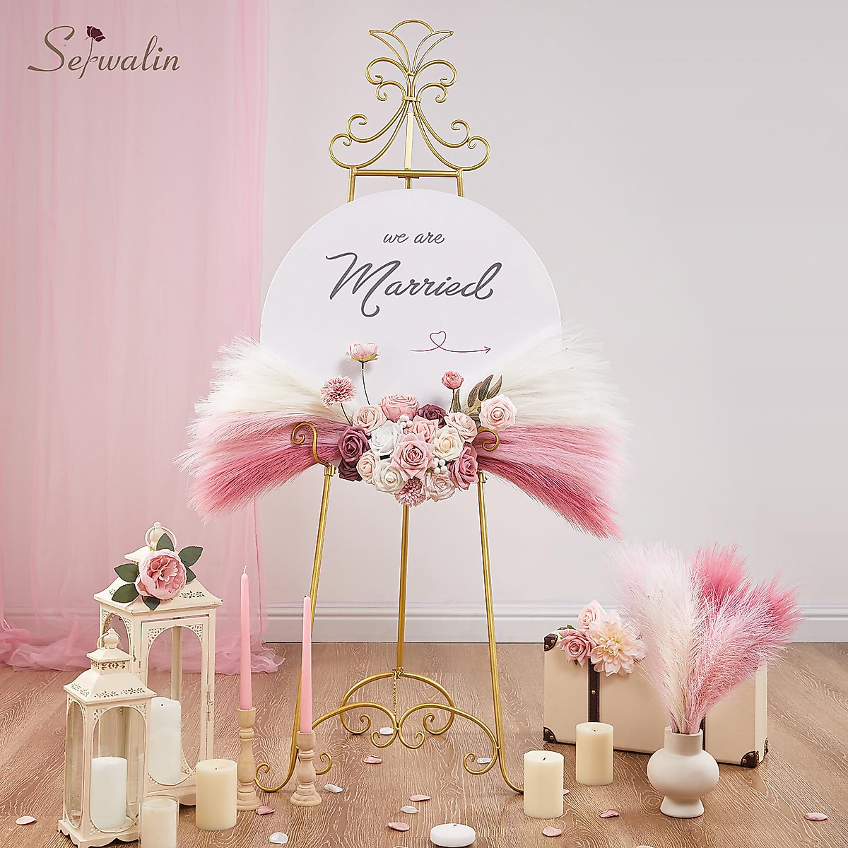 Serwalin Pampas Grass Pink 17.7 Inch 6pcs, Artificial Pampas Grass Faux Pink Pompas Grass Decor, Short Pompous Grass Blush Room Decoration, Wedding Party Centerpieces Valentine Mothers Day