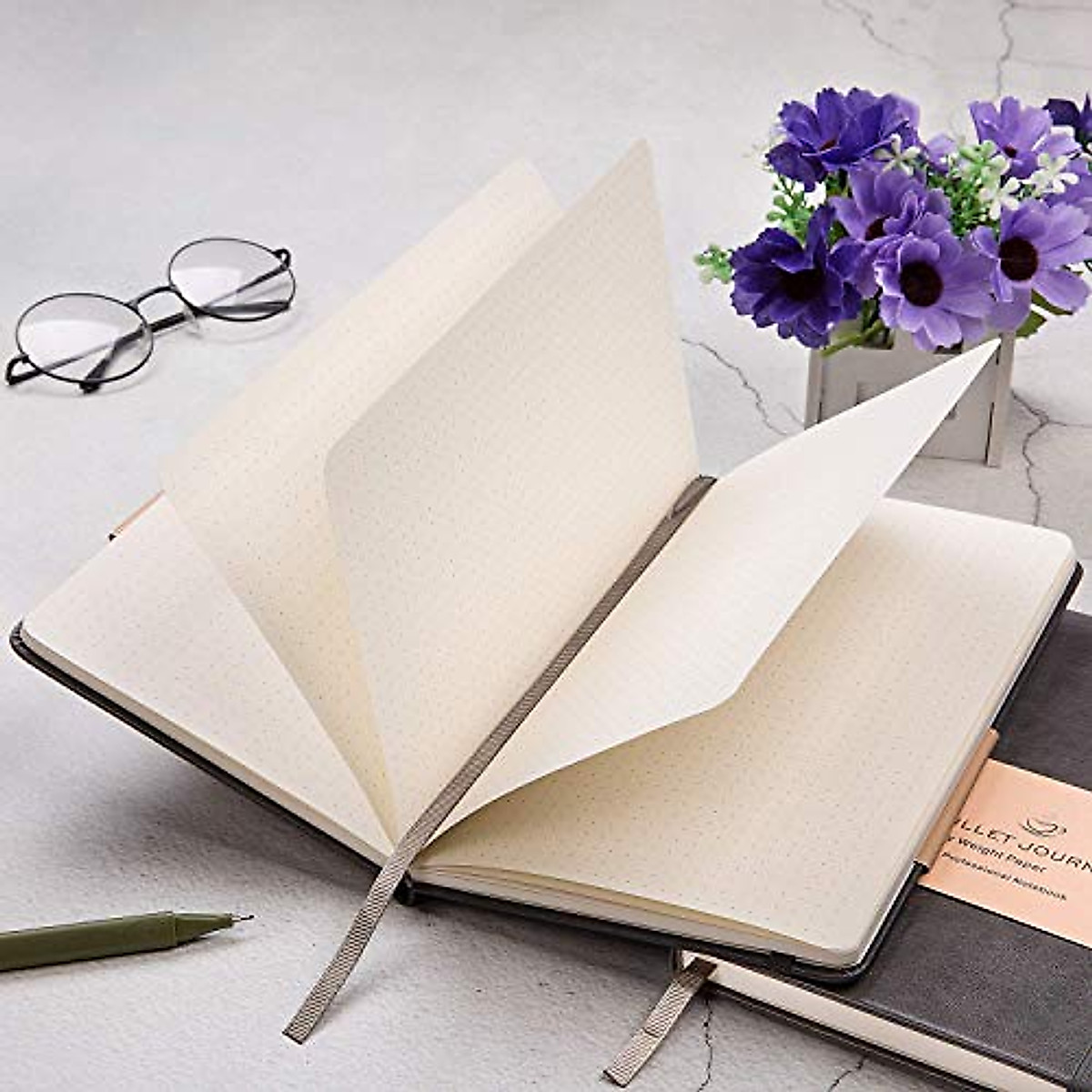 Dotted Grid Notebook/Journal - Dot Grid Hard Cover Notebook, Premium Thick Paper with Fine Inner Pocket, Dark Gray Smooth Faux Leather, 5''×8.25''