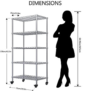 SUOERNUO 5-Shelf Shelving Storage Unit on Wheel Casters Metal Organizer Wire Rack for Home Office Kitchen Bathroom Organization 30Lx14Wx62.5H (5-Shelf Silver)