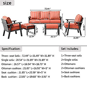 XIZZI Patio Furniture Set,Outdoor Furniture,5 PCS High Back Outside Wicker Patio Conversation Sectional Sofa Set with Premium Fabric Cushions(Orange Red)