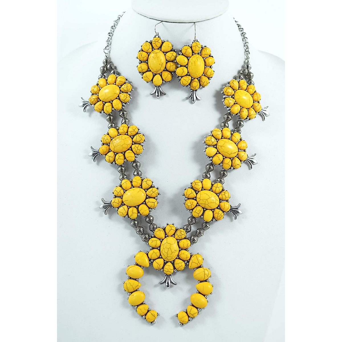 tipi Southwestern Faux Turquoise Squash Blossom Statement Necklace & Earrings Set (Yellow)