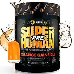 ALPHA LION Superhuman Pre Workout Powder, Beta Alanine, L-Taurine & Tri-Source Caffeine for Sustained Energy & Focus, Nitric Oxide & Citrulline for Pump (21 Servings, Orange Gainsicle)