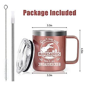 Lifecapido Mom Gifts - Don't Mess with Mama Saurus 12oz Insulated Travel Mug, Mamasaurus Stainless Steel Coffee Mug, Mother's Day Birthday Christmas Gift for Mom Mama Mother New Mom Stepmom, Rose Gold