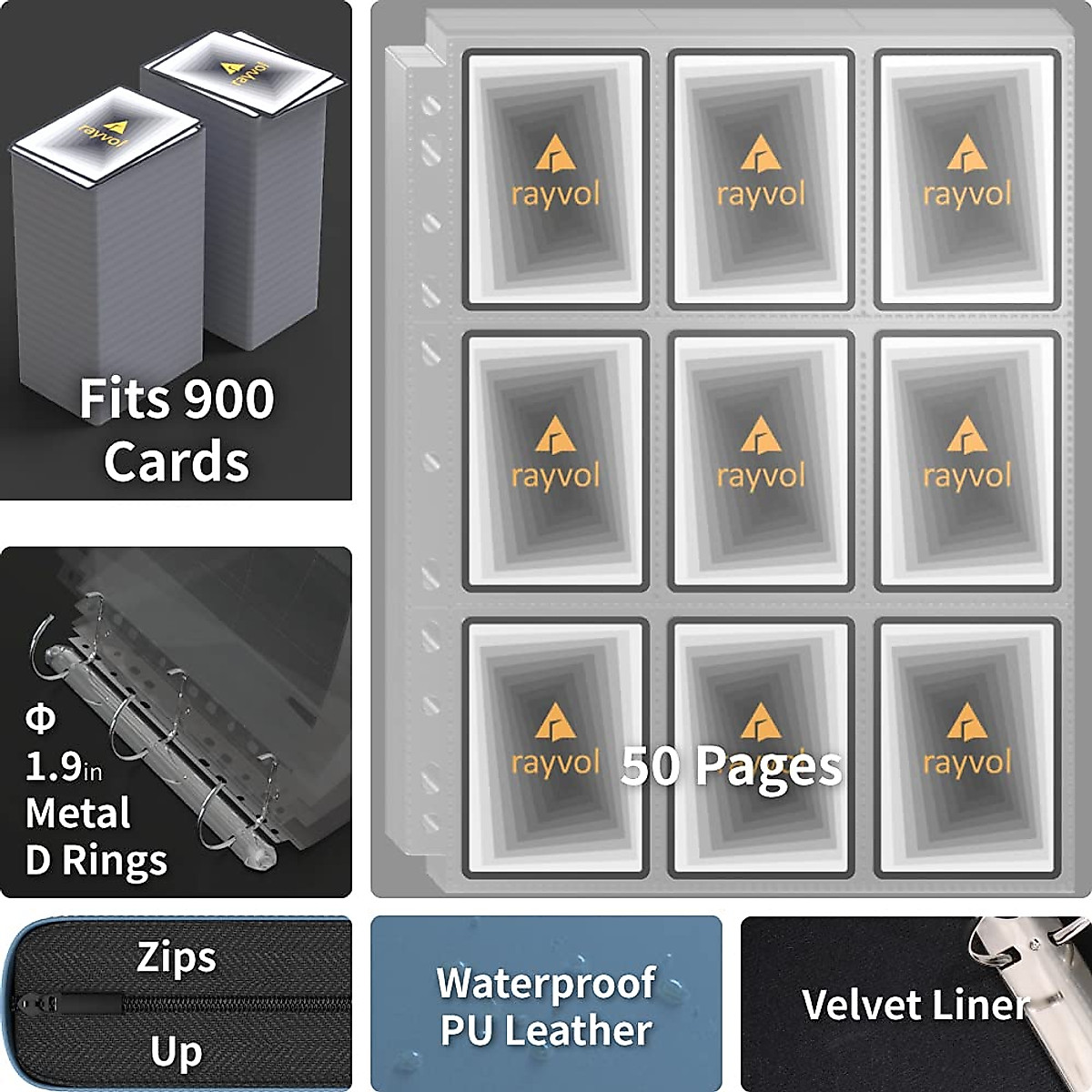 Rayvol 9-Pocket Trading Card Binder, Fits 900 Cards with 50 Removable Sleeves, Card Collector Album Holder- Aquablue