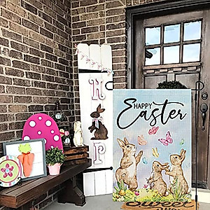 CROWNED BEAUTY Happy Easter Bunnies Garden Flag 12X18 Inch Small Double Sided for Outside Burlap Butterflies Yard Holiday Decoration CF759-12
