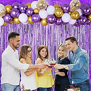 Purple Gold Birthday Decorations for Women Girls, Gold Happy Birthday Banner 13th 16th 18th 21st 30th 40th 50th 60th Birthday Party Decorations, Champagne Purple Gold & White Balloon Arch Kit