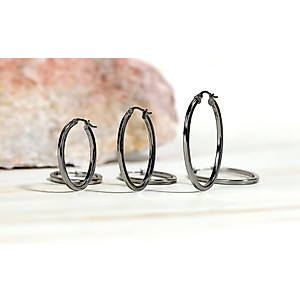 Black Flashed Sterling Silver 2mm Oval Square-Tube Hoop Earrings, 20mm