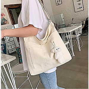 Kehpish Economical Cotton Tote Bag, Reusable Womens Canvas Tote Bag with 3 External Pocket, Top Zipper Closure White