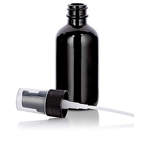JUVITUS 2 oz Black Glass Luxury Boston Round Bottle with Black Treatment Pump (12 Pack) + Funnel