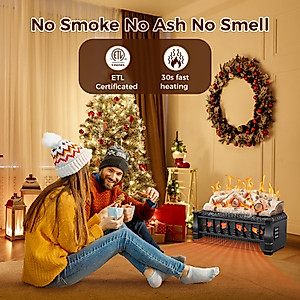 Joy Pebble Electric Fireplace Insert Log Heater 21", 750W/1500W Adjustable 5 Flame Brightness&Speed, Fireplace Insert with Realistic Ember Bed&Whitish Gray Log, Overheat Protection&Remote Control