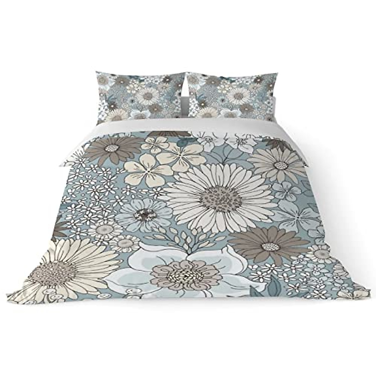 Duvet Cover Sets California King -French Print Flowers-Bedding Comforter Set Breathable SetsSoft Microfiber 3 Pcs