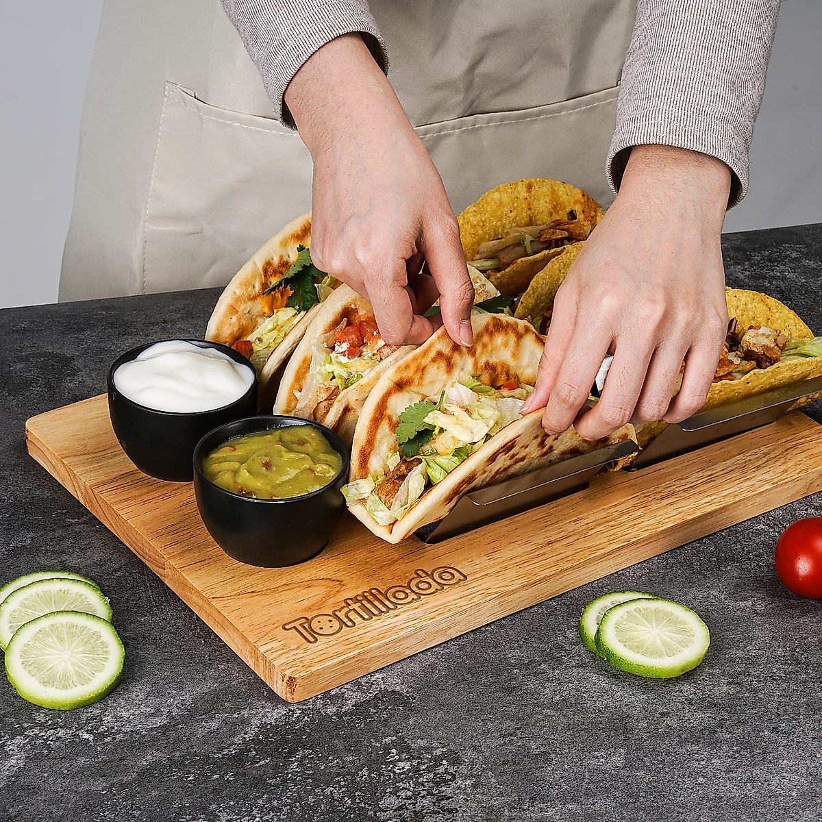 Tortillada - Taco Holders Set of 2 / Taco Holder Stainless Steel with Wooden Serving Tray incl. 2 Ceramic Dip Bowls + Recipe Book