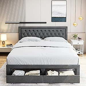 King Bed Frame with 2 Storage Drawers, Fabric Upholstered Platform Bed Frame with Deep-set Pattern Button Tufted Headboard, Sturdy Wood Slats Support Mattress Foundation, No Box Spring Needed, Grey