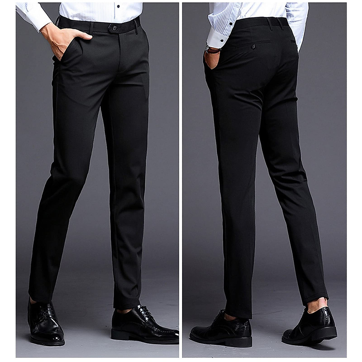 Men's Slim Fit Skinny Stretch Pant Classic Solid Color Tapered Suit Pant Lightweight Business Comfort Trousers (Black,36)