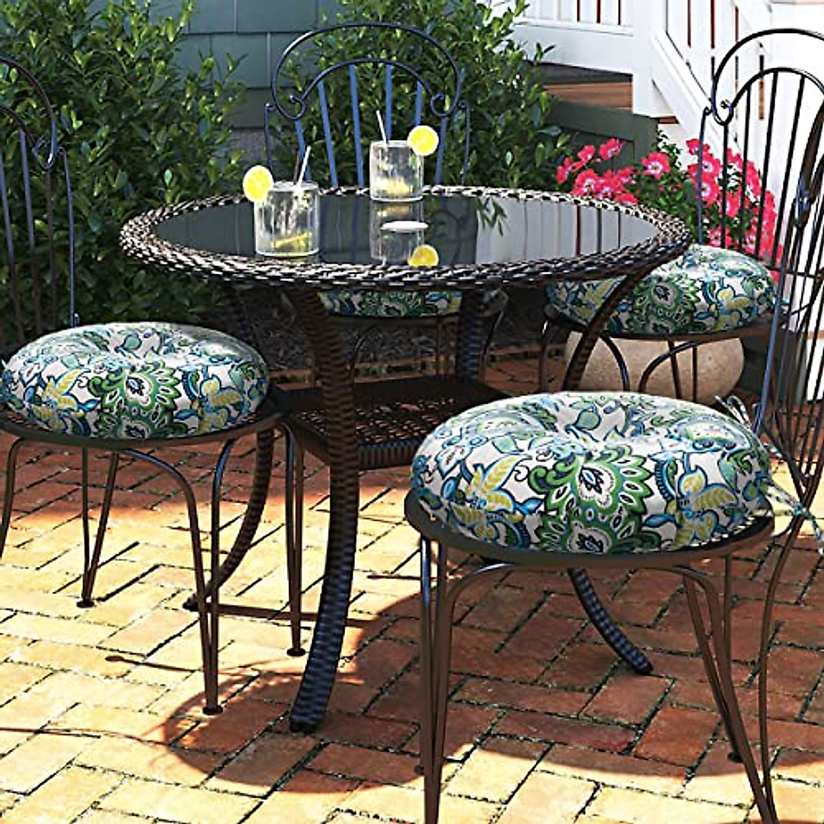 Indoor/Outdoor Seat Cushions All Weather Patio Chair Pads with Ties, Comfortable Round Bistro Chair Cushions for Home Office and Garden Furniture Decoration 15"x15"x4", 2 Pack, Floral Blue Green