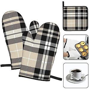 JKKL Fall Plaid Tan Black White Pattern，3pcs Oven Mitts and Pot Holders for Kitchen,Cooking,Baking,Grilling,BBQ