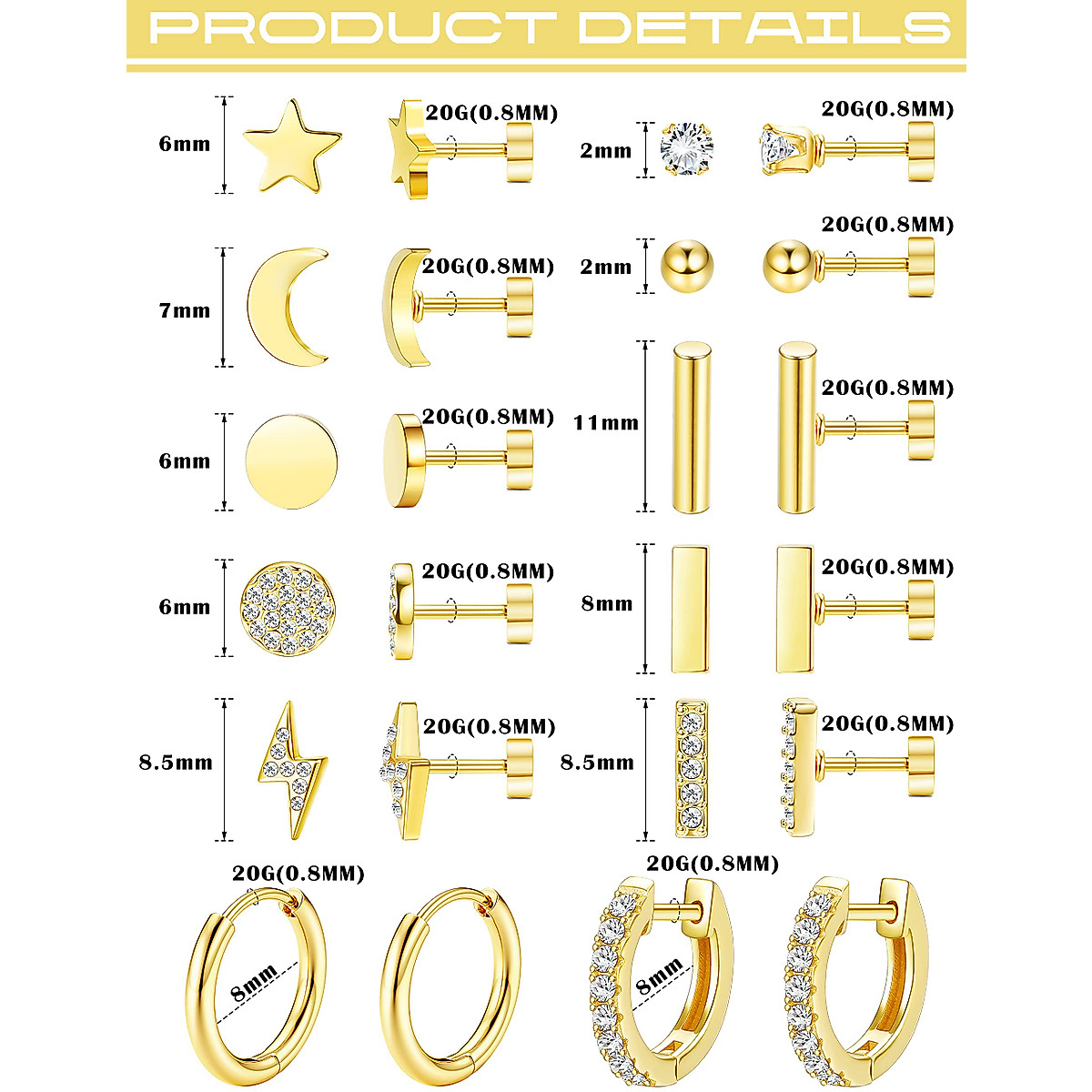 FASACCO 12Pairs Flat Back Earrings for Women Men Hypoallergenic 14K Gold Plated Stainless Steel Flatback Stud Small Huggie Hoop Earrings 20G Tiny Gold Stud Earring Sets for Multiple PIercing Gold