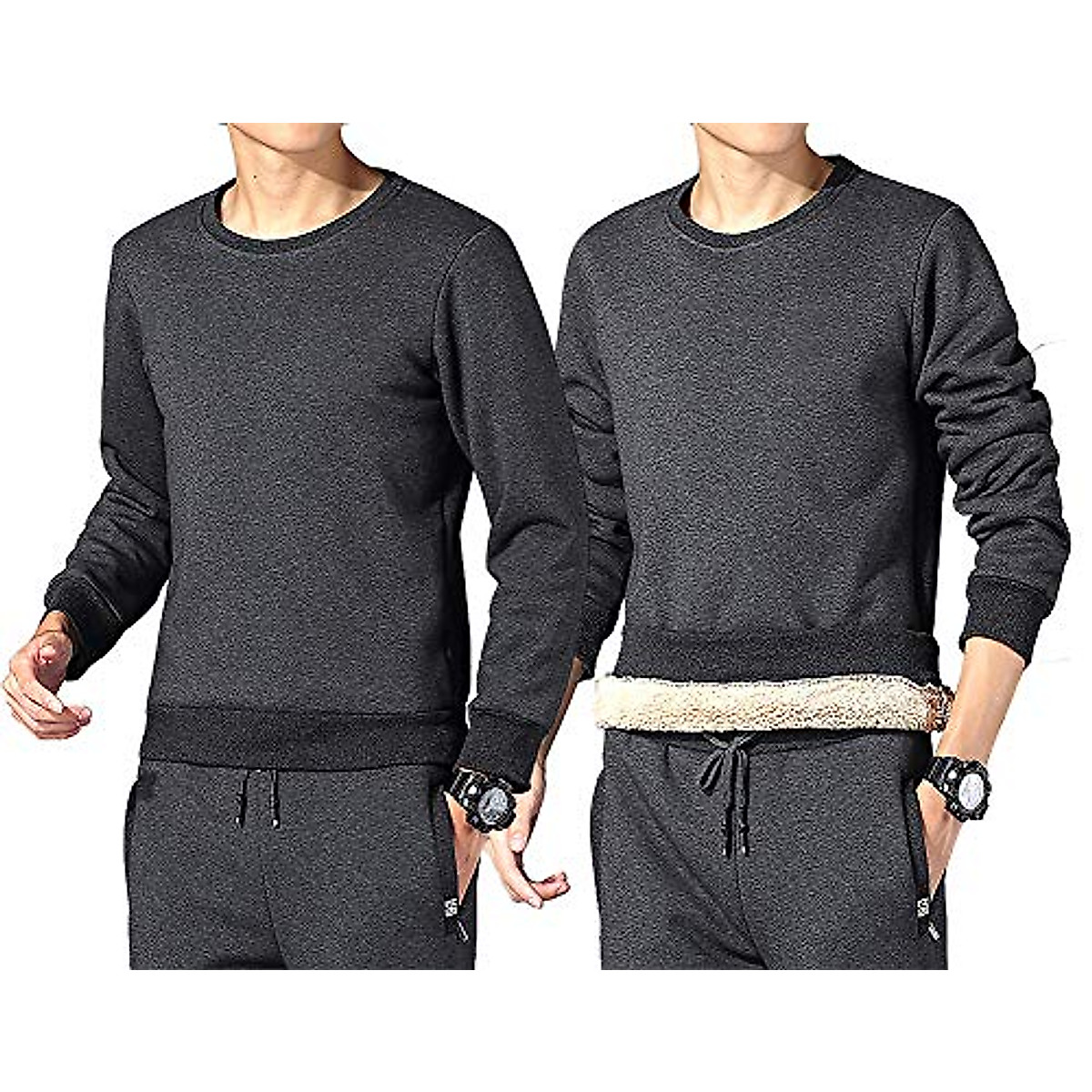 FASKUNOIE Men's Sweatshirts Warm Sherpa Lined Fleece Long Underwear Tops Winter Crewneck T shirts Black