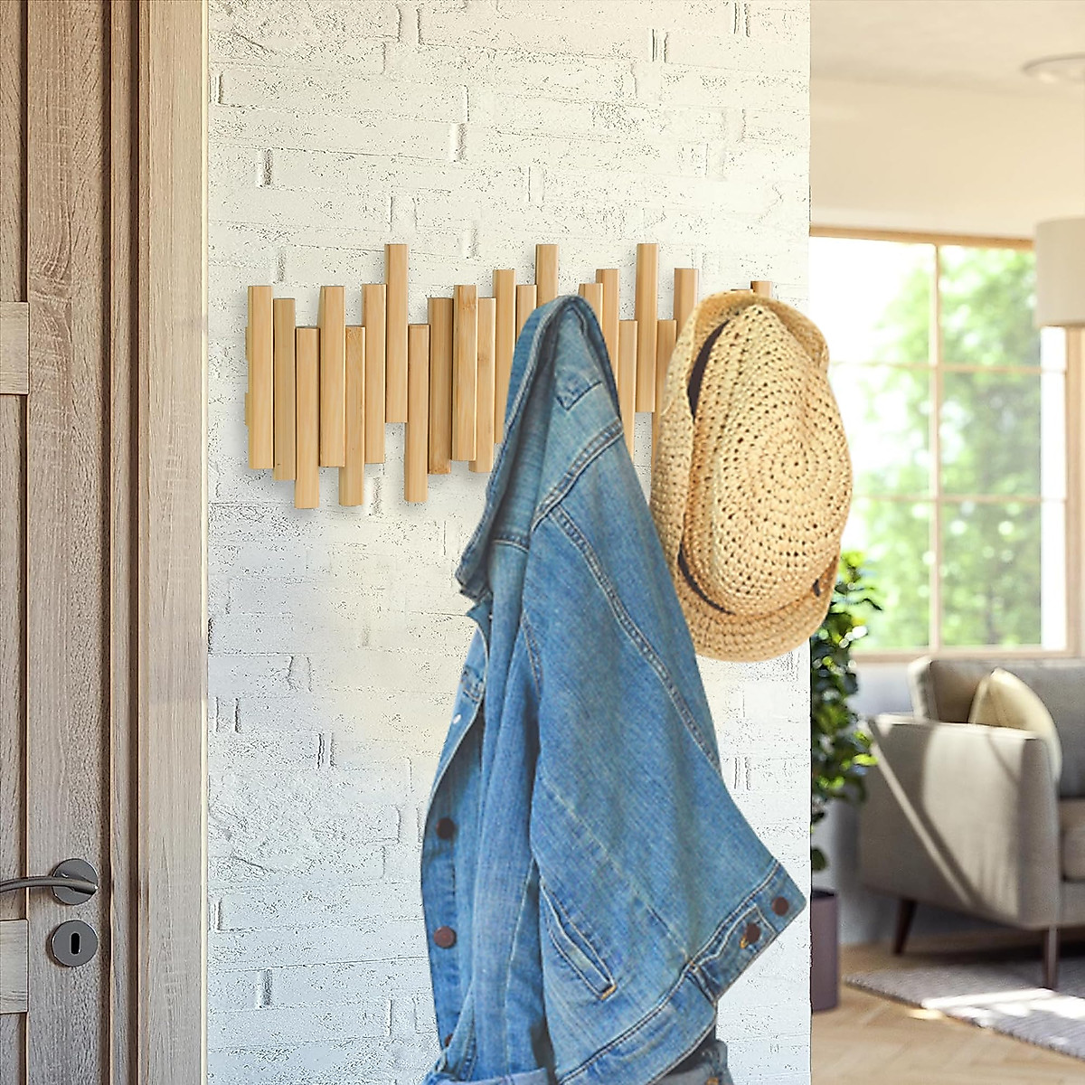 MinBoo Bamboo Multi Hook Coat Rack – Modern, Unique, Space-Saving Coat Hanger with 4 Flip-Down Hooks for Hanging Coats, Christmas Decorations,Bamboo