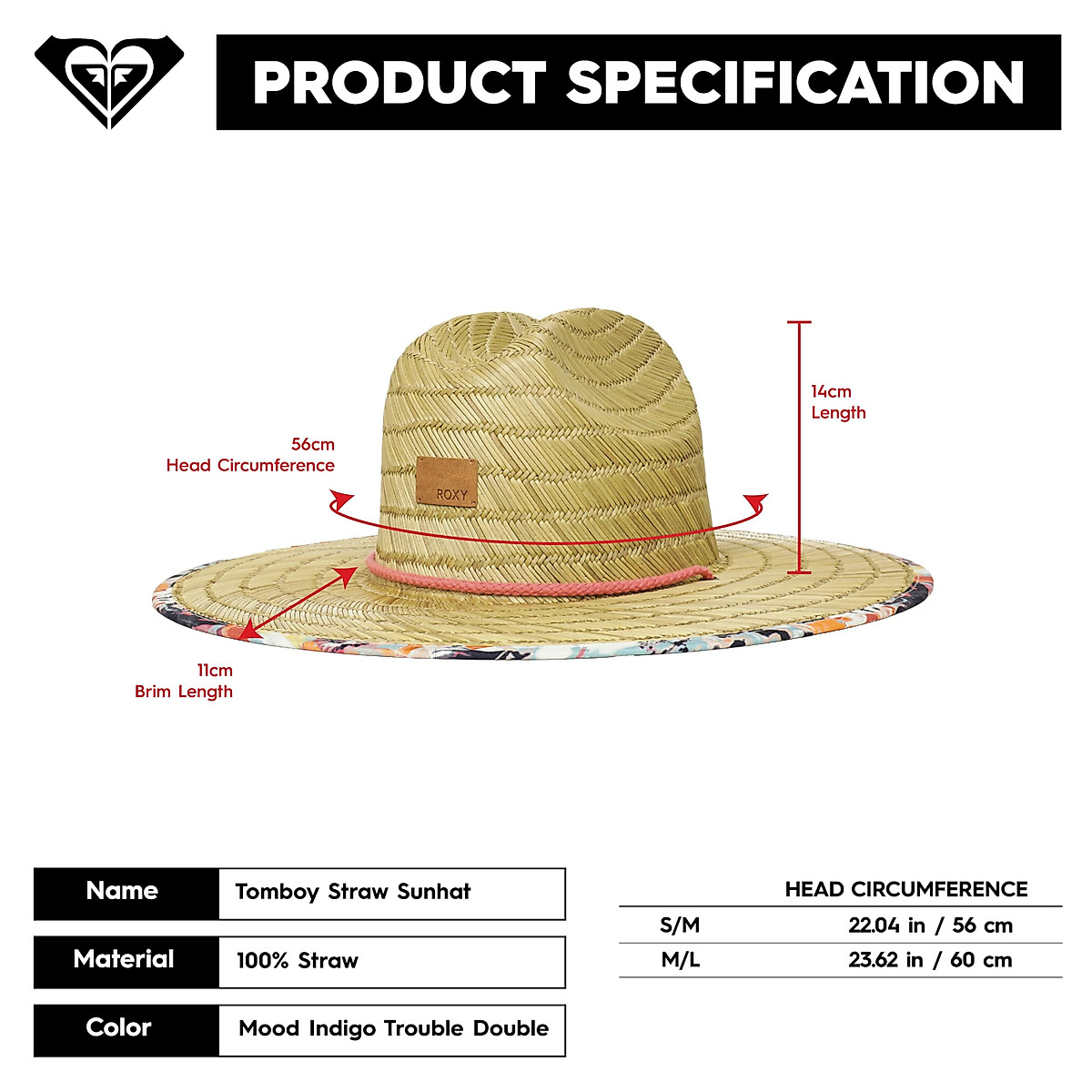 Roxy womens Tomboy Straw Sun Hat, Mood Indigo Trouble Double Exc, Medium-Large US