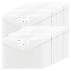 EOOUT 30pcs Plastic Envelopes, Clear Envelopes with Snap Closure, Document Folders Letter Size A4 Size File Envelopes with Label Pocket for School Home Work Office Organization