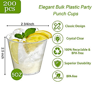 Tebery 200 Pack Small Clear Plastic Tumblers Cups, 5oz Hard Disposable Cups Bulk Plastic Party Punch Cups